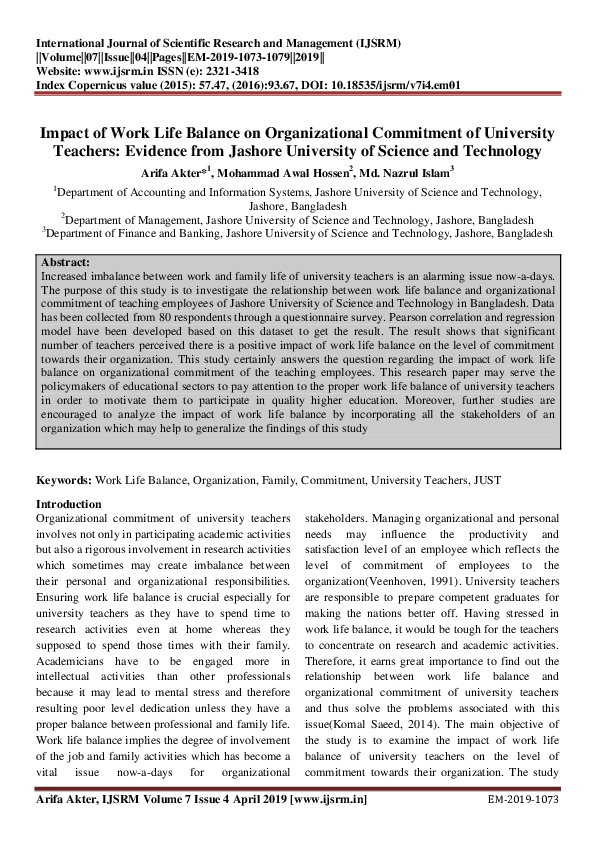 (PDF) Impact of Work Life Balance on Organizational Commitment of University Teachers: Evidence ...