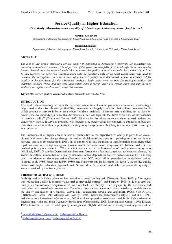 (PDF) Service Quality in Higher Education Case study: Measuring service quality of Islamic Azad ...