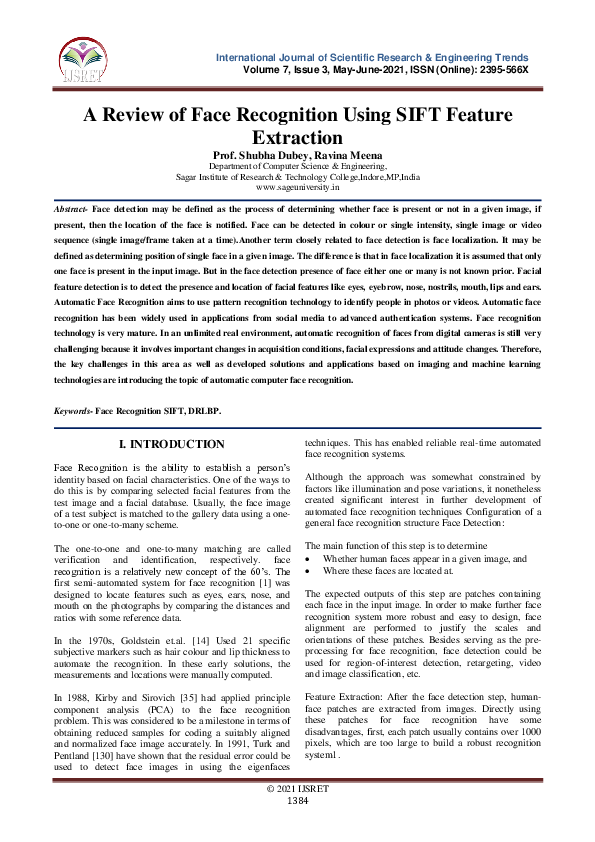 Pdf Face Recognition Via Sift Detection And Localization Review