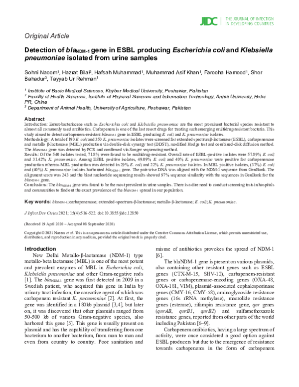 (PDF) Detection of blaNDM-1 gene in ESBL producing Escherichia coli and ...