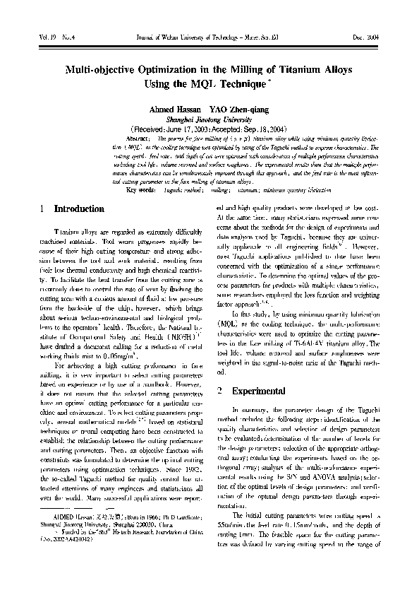 Pdf Multi Objective Optimization In The Milling Of Titanium Alloys Using The Mql Technique