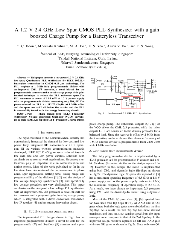 (PDF) A 1.2 V 2.4 GHz low spur CMOS PLL synthesizer with a gain boosted charge pump for a ...