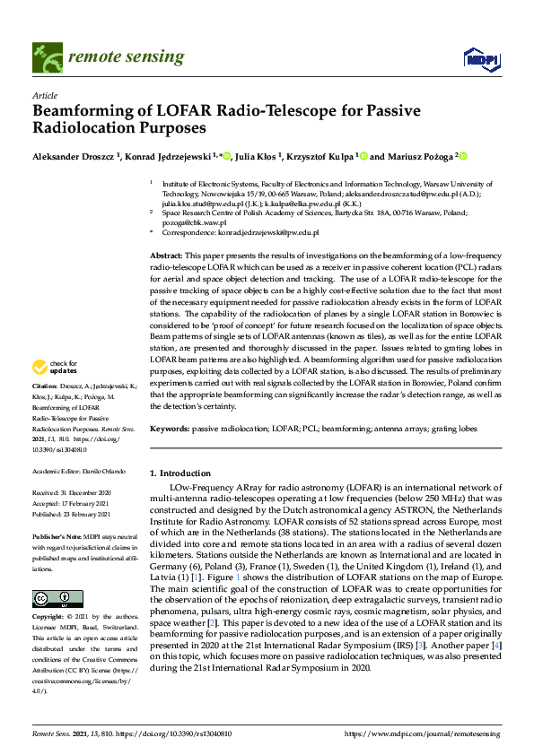 (PDF) Beamforming of LOFAR Radio-Telescope for Passive Radiolocation ...
