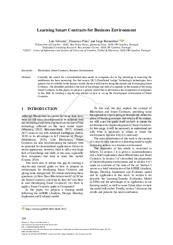 (PDF) Learning Smart Contracts for Business Environment | Francisco Pires - Academia.edu