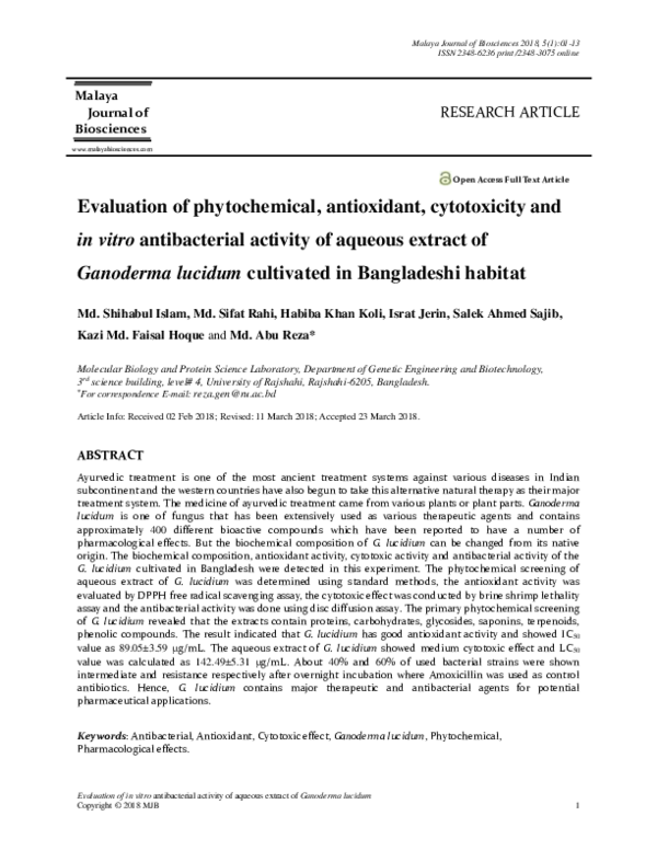 (PDF) Evaluation of phytochemical , antioxidant , cytotoxicity and in vitro antibacterial ...
