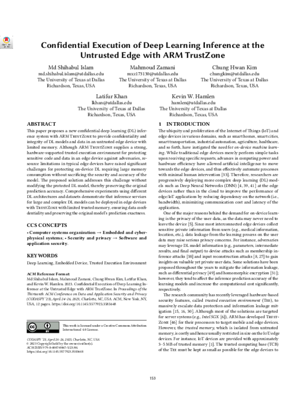 Pdf Confidential Execution Of Deep Learning Inference At The Untrusted Edge With Arm Trustzone