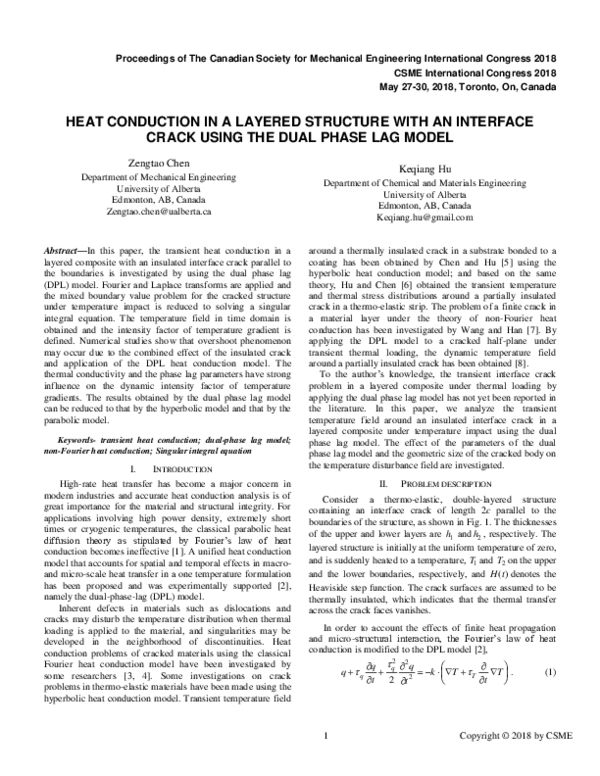 Pdf Heat Conduction In A Layered Structure With An Interface Crack Using The Dual Phase Lag Model