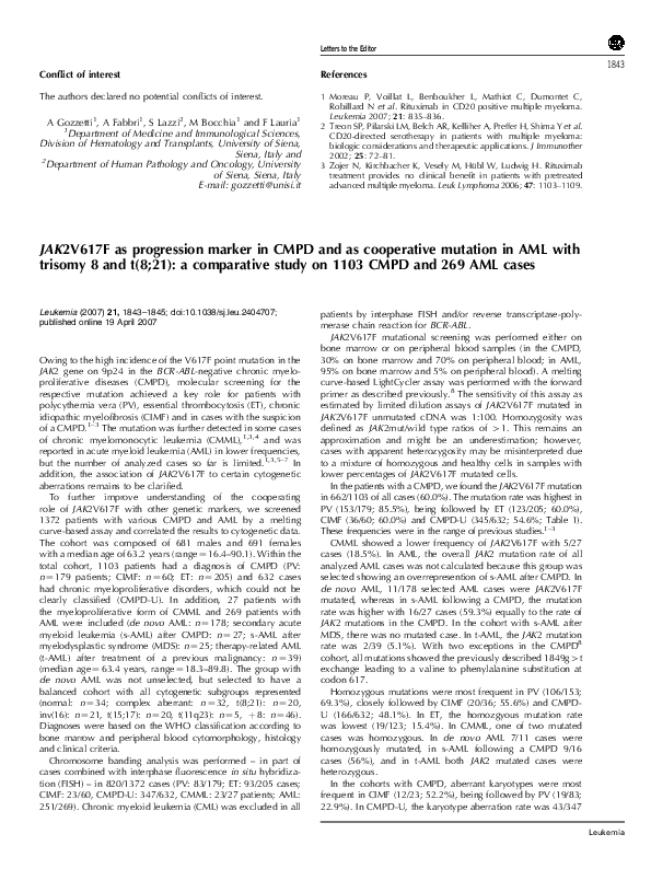 (PDF) JAK2V617F as progression marker in CMPD and as cooperative ...