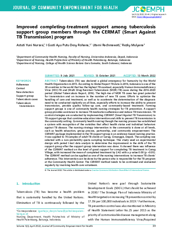 Improved completing-treatment support among tuberculosis support group ...