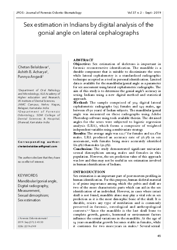 Pdf Sex Estimation In Indians By Digital Analysis Of The Gonial Angle On Lateral Cephalographs