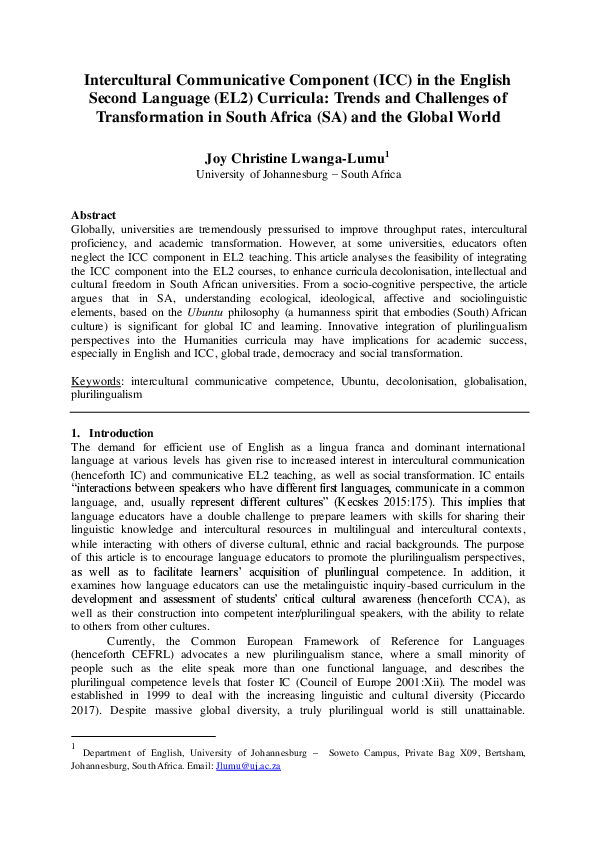 (PDF) Intercultural Communicative Component (ICC) in the English Second Language (EL2) Curricula ...