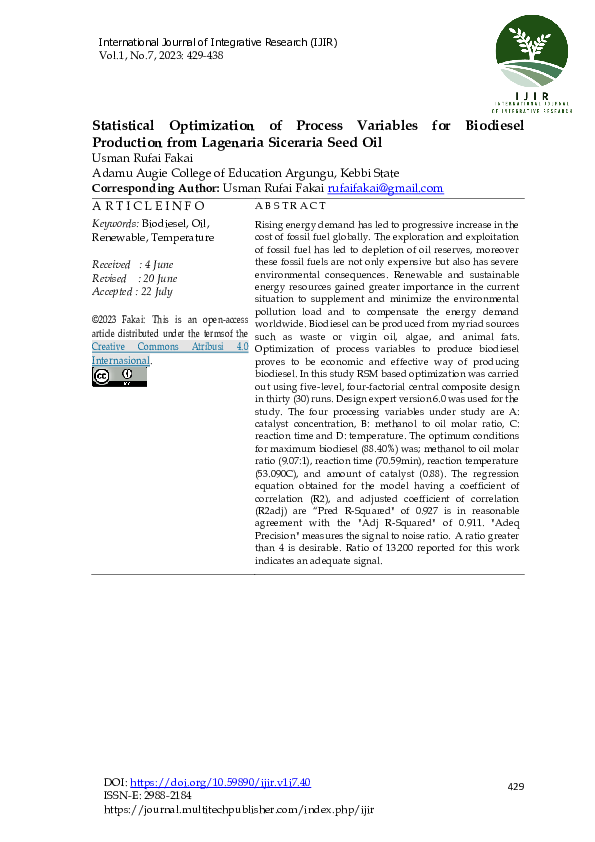 (PDF) Statistical Optimization of Process Variables for Biodiesel Production from Lagenaria ...