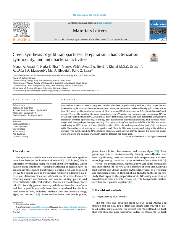 (PDF) Green synthesis of gold nanoparticles: Preparation, characterization, cytotoxicity, and ...