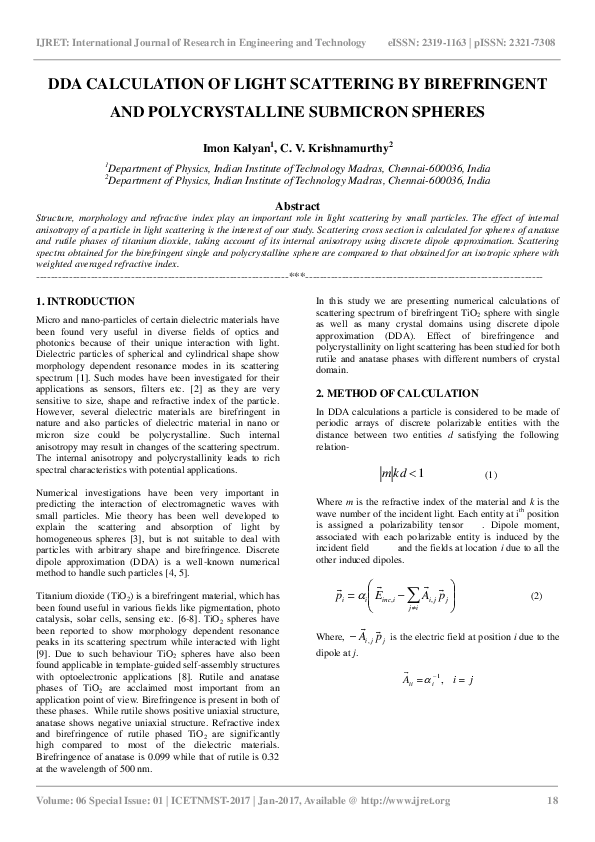 (PDF) Dda Calculation of Light Scattering by Birefringent and Polycrystalline Submicron Spheres