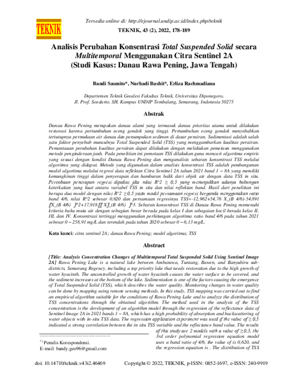 Pdf Analisis Perubahan Konsentrasi Total Suspended Solid Secara Multitemporal Menggunakan