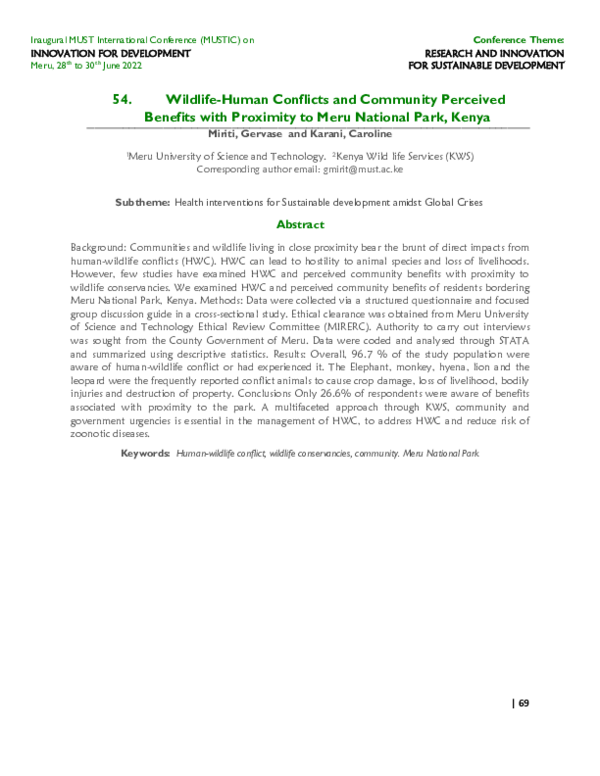 (PDF) Wildlife-Human Conflicts and Community Perceived Benefits with Proximity to Meru National ...