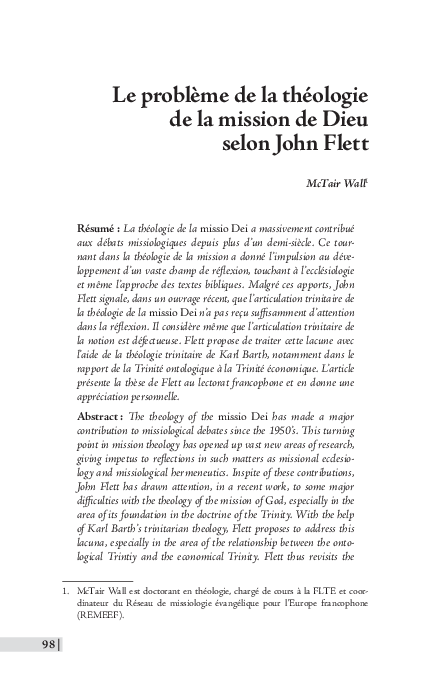 (PDF) Le problème de la théologie de la mission de Dieu selon John Flett