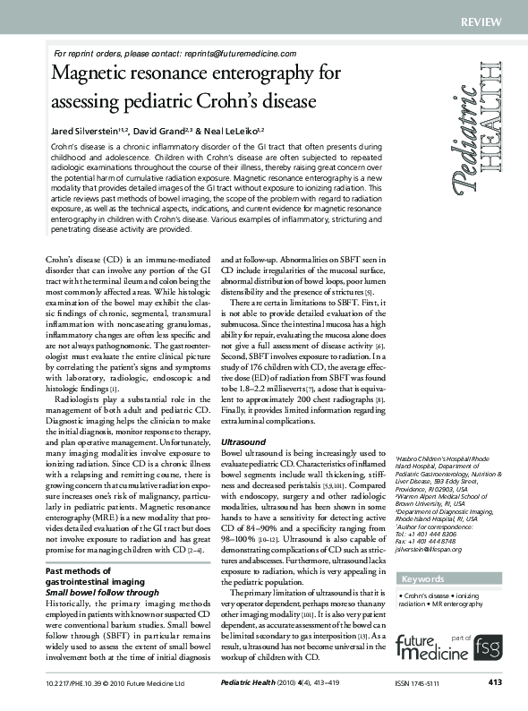 (PDF) Magnetic resonance enterography for assessing pediatric Crohn’s ...