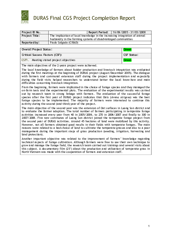 (PDF) DURAS final CGS project completion report. The implication of ...