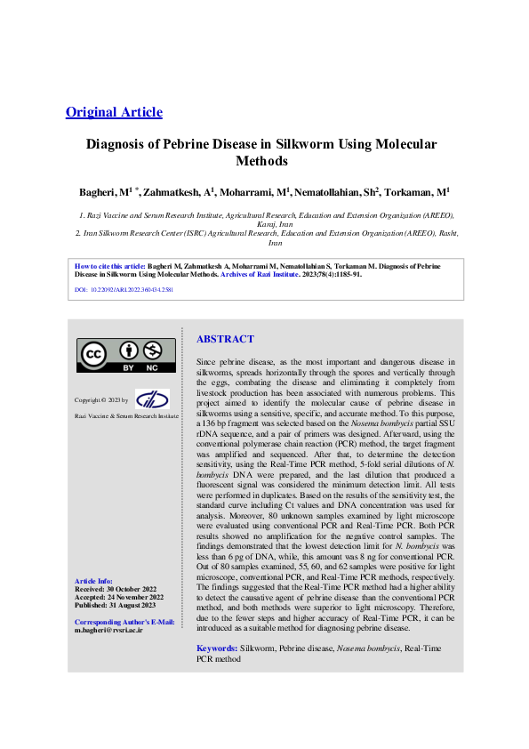 (PDF) Diagnosis of Pebrine Disease in Silkworm Using Molecular Methods