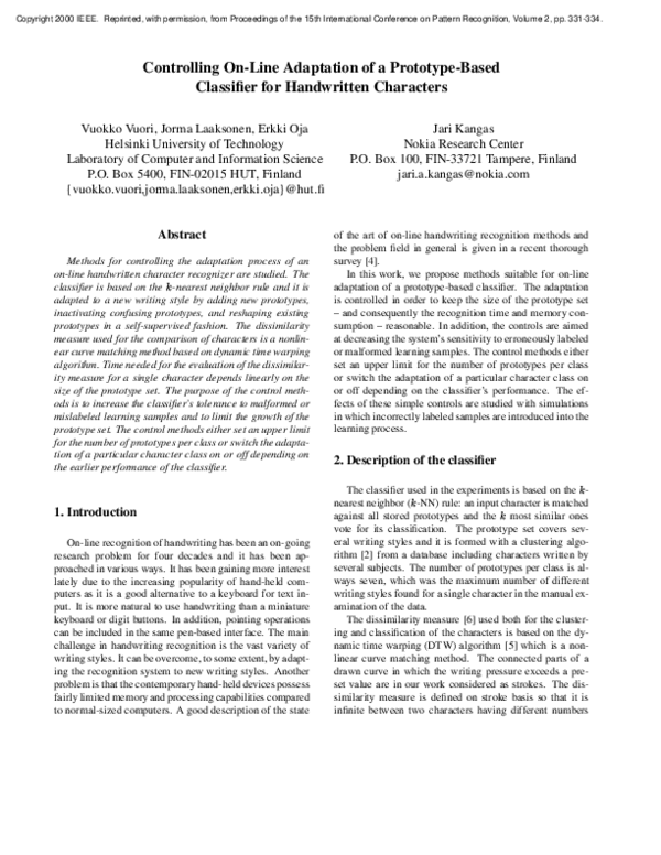 Pdf Controlling On Line Adaptation Of A Prototype Based Classifier
