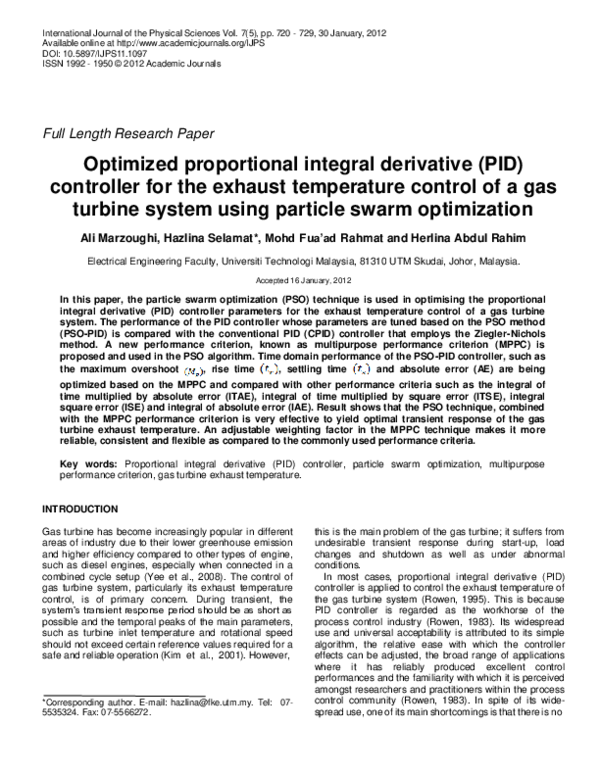 (PDF) Optimized proportional integral derivative (PID) controller for the exhaust temperature ...
