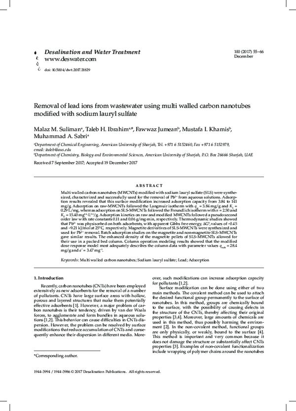 (PDF) Removal of lead ions from wastewater using multi walled carbon nanotubes modified with ...