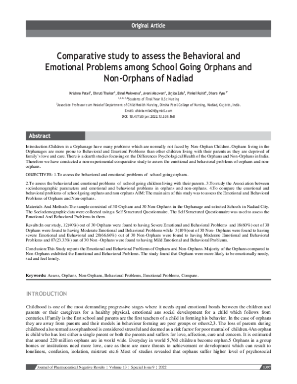 (PDF) Comparative study to assess the Behavioral and Emotional Problems among School Going ...