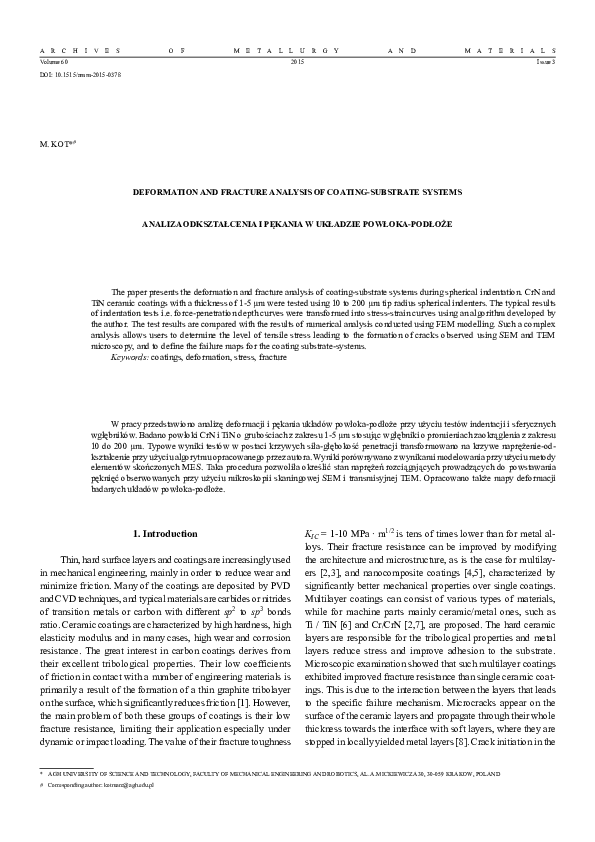 (PDF) Deformation And Fracture Analysis Of Coating-Substrate Systems