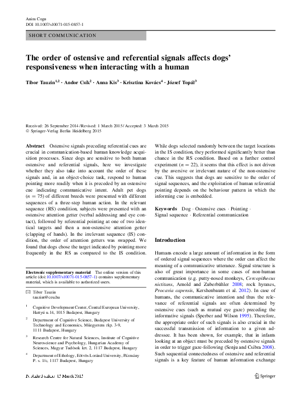 (PDF) The order of ostensive and referential signals affects dogs ...