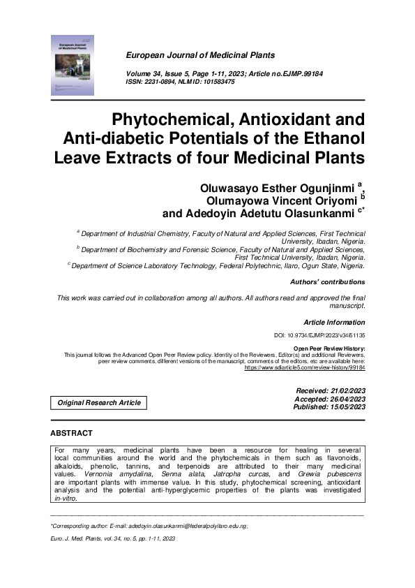 (PDF) Phytochemical, Antioxidant and Anti-diabetic Potentials of the Ethanol Leave Extracts of ...