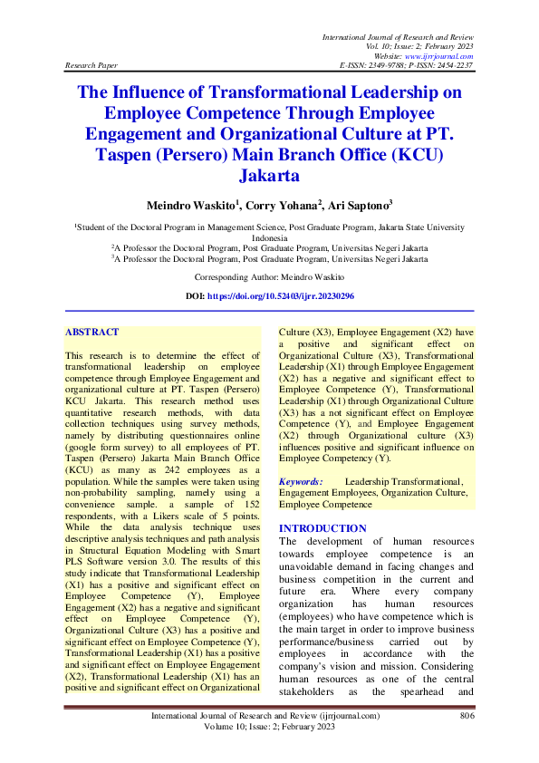 (PDF) The Influence of Transformational Leadership on Employee Competence Through Employee ...