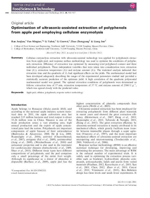 Pdf Optimisation Of Ultrasonic Assisted Extraction Of Antioxidant