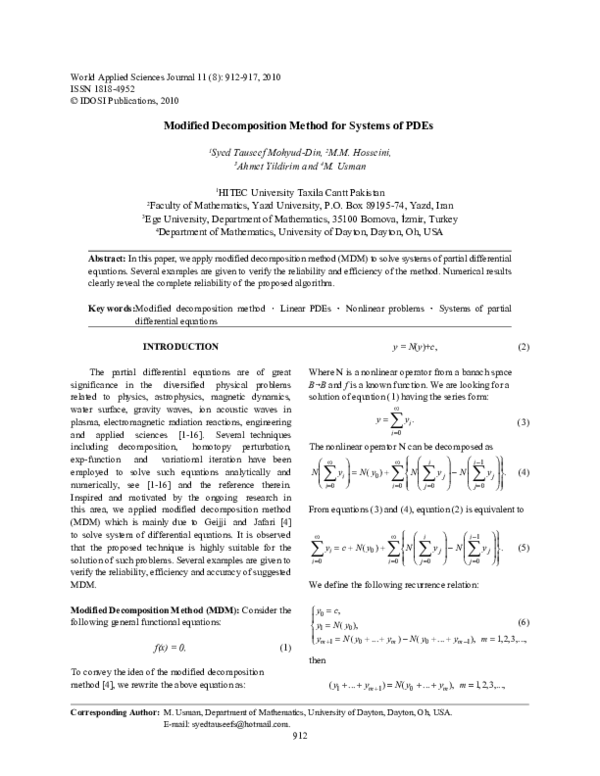 (PDF) Modified decomposition method for systems of PDEs