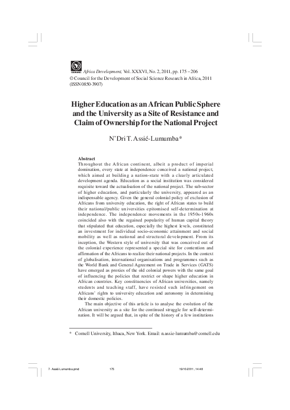 (PDF) Higher Education as an African Public Sphere and the University ...