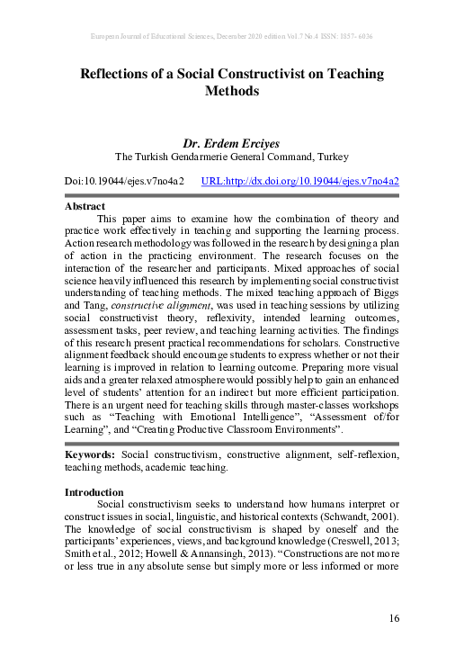 (PDF) Reflections of a Social Constructivist on Teaching Methods