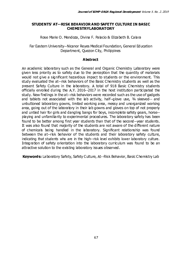 (PDF) Students’ At--Risk Behavior and Safety Culture in Basic ...