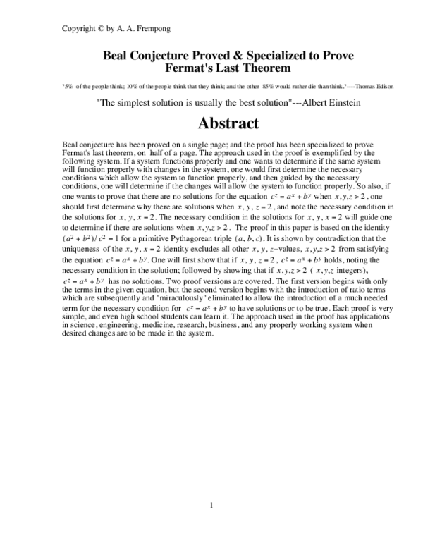 (PDF) Beal Conjecture Proved & Specialized to Prove Fermat's Last Theorem