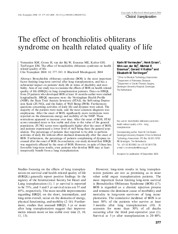 (PDF) The effect of bronchiolitis obliterans syndrome on health related ...