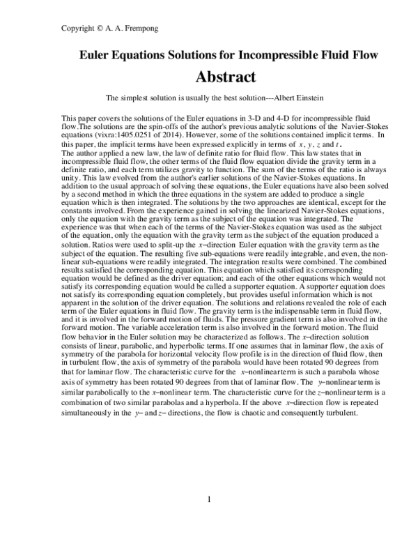 Pdf Solutions To Euler Equations For Fluid Flow