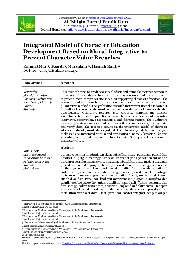 (PDF) Integrated Model of Character Education Development Based on Moral Integrative to Prevent ...