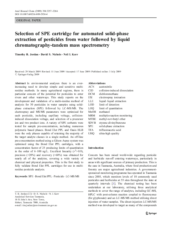 (PDF) Selection of SPE cartridge for automated solid-phase extraction of pesticides from water ...