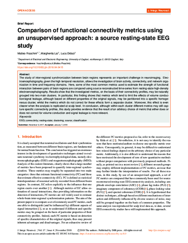 Pdf Comparison Of Functional Connectivity Metrics Using An Unsupervised Approach A Source