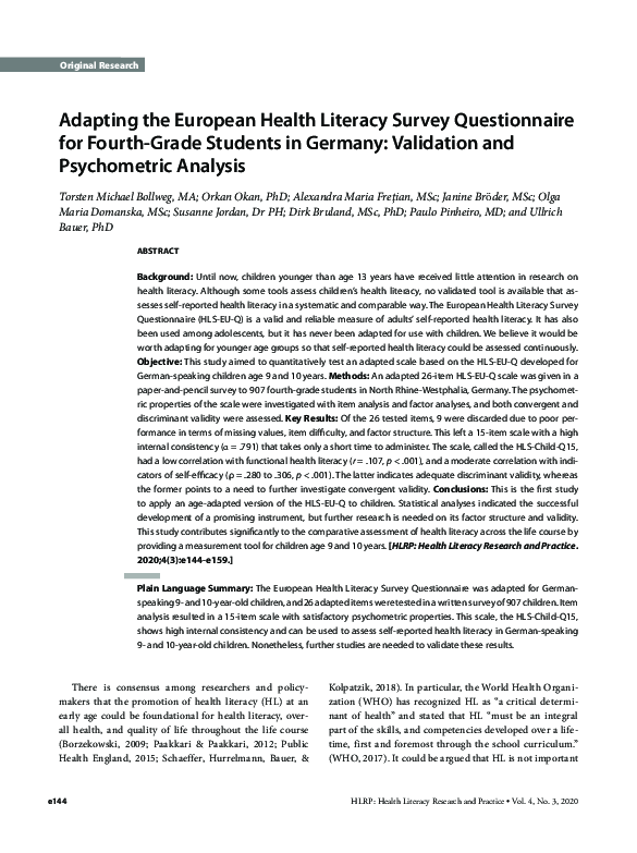 (PDF) Adapting the European Health Literacy Survey Questionnaire for ...