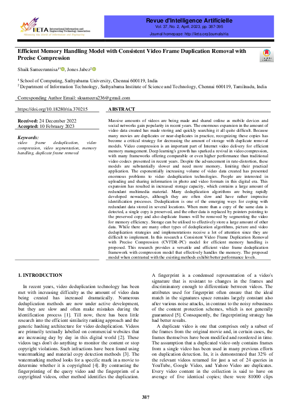 (PDF) Efficient Memory Handling Model with Consistent Video Frame Duplication Removal with ...
