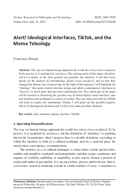 (PDF) Alert! Ideological Interfaces, TikTok, and the Meme Teleology