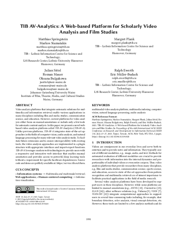 (PDF) TIB AV-Analytics: A Web-based Platform for Scholarly Video Analysis and Film Studies