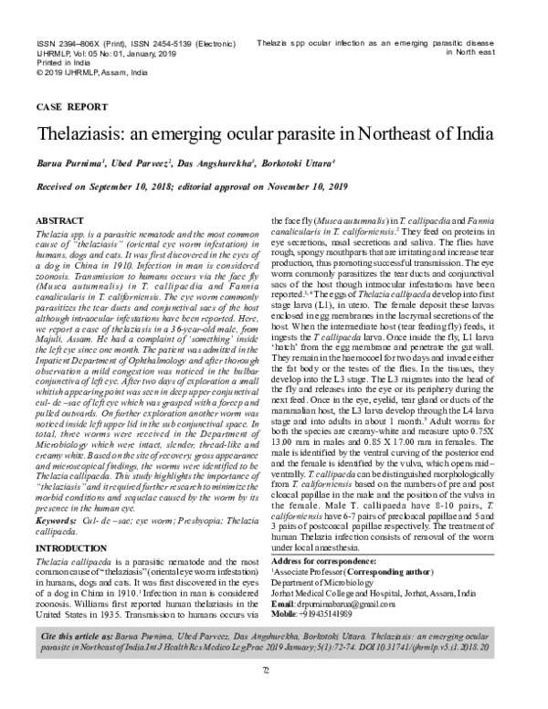 (PDF) Thelaziasis: an emerging ocular parasite in Northeast of India