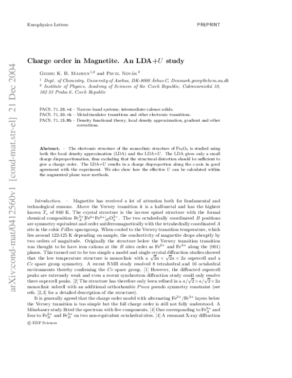 (PDF) Charge order in magnetite. An LDA+ U study