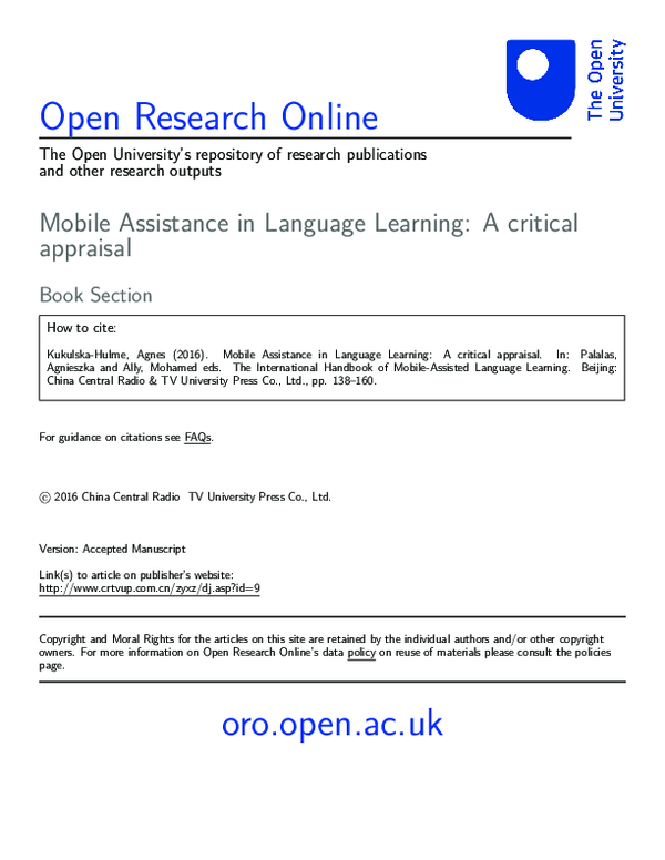 (PDF) Mobile Assistance in Language Learning: A critical appraisal